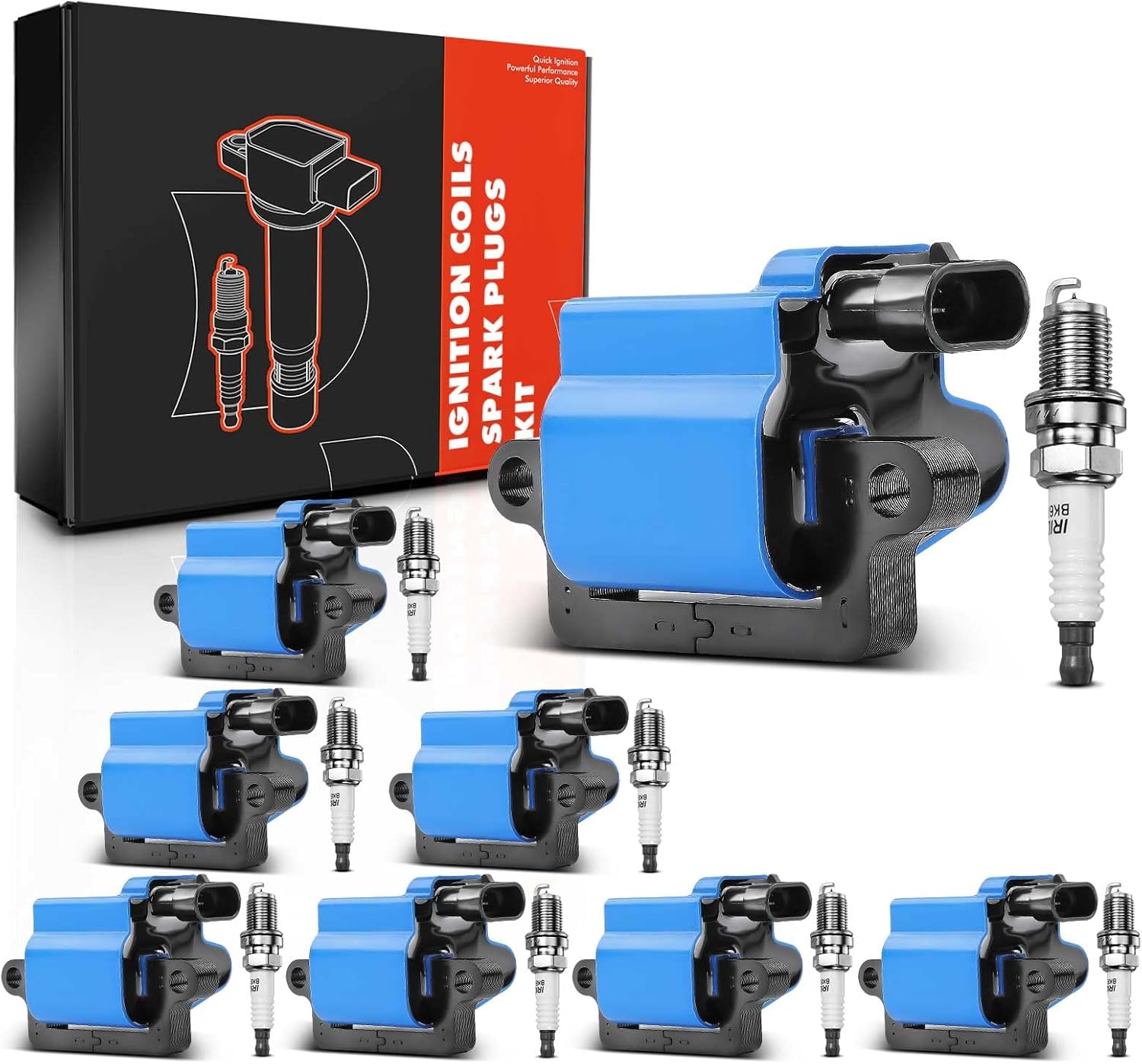A-Premium 8x Blue Square Ignition Coil & Iridium Spark Plug Kits ...