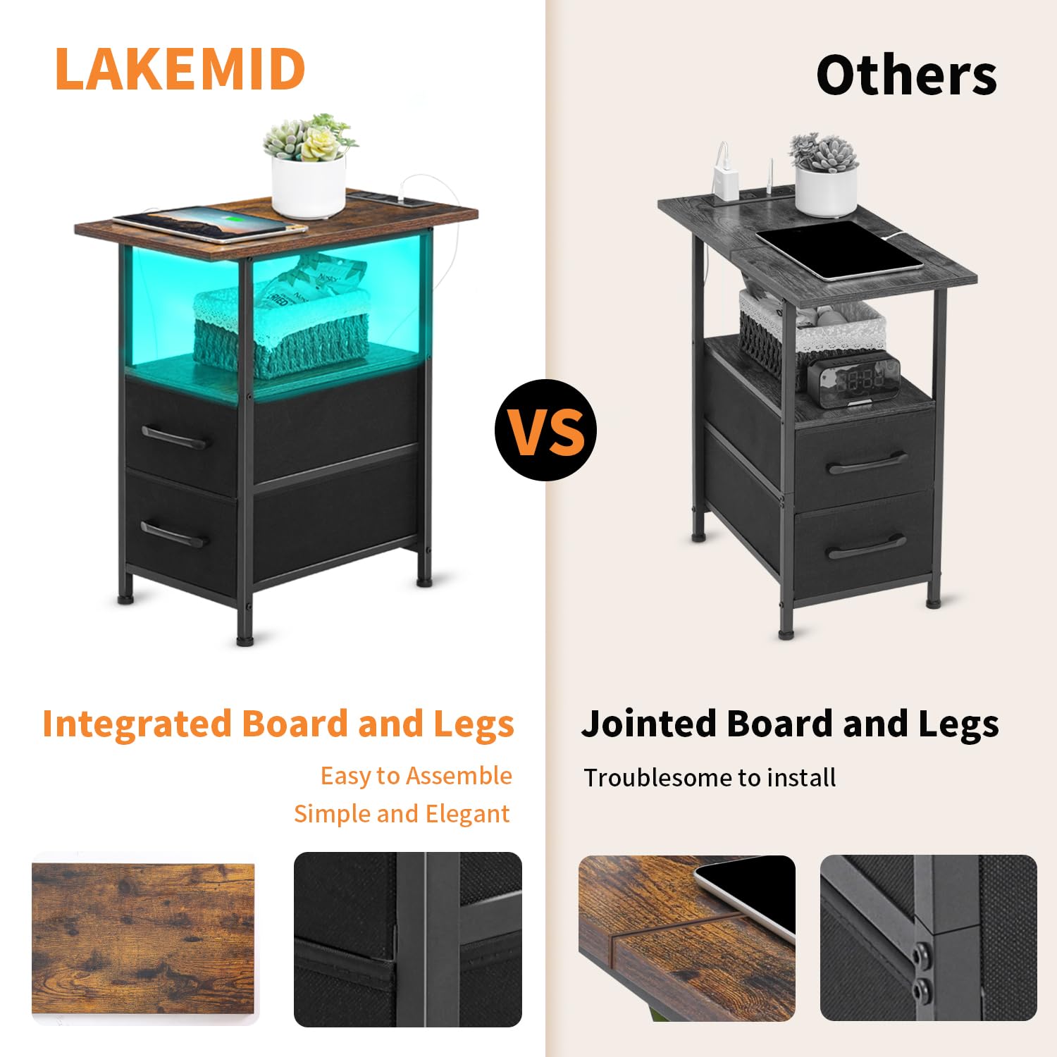 LAKEMID End Table Living Room with Charging Station, Set of 2 Narrow ...