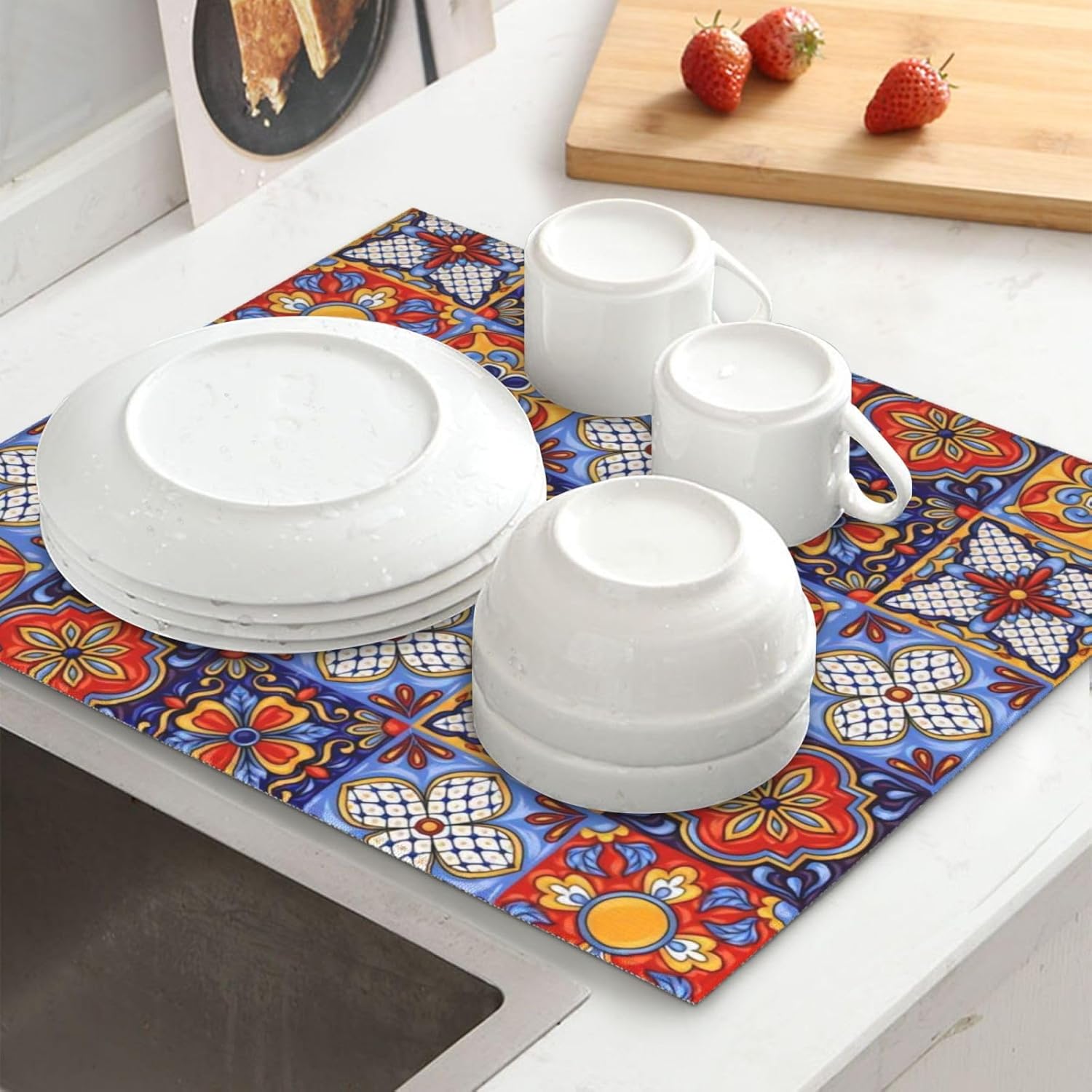 Amazon.com: Dish Mat Mexican Talavera Ceramic Tile Pattern Ethnic Folk ...