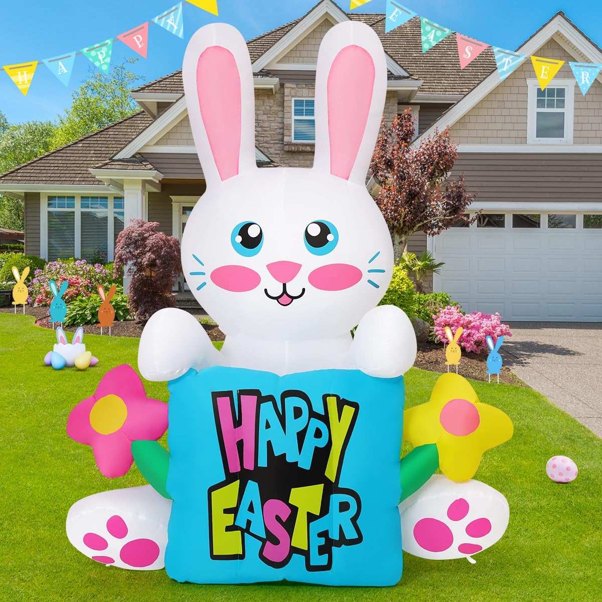 Amazon.com: Gemmy Airblown Inflatable Easter Bunny with Blue Tulips, 5 ...