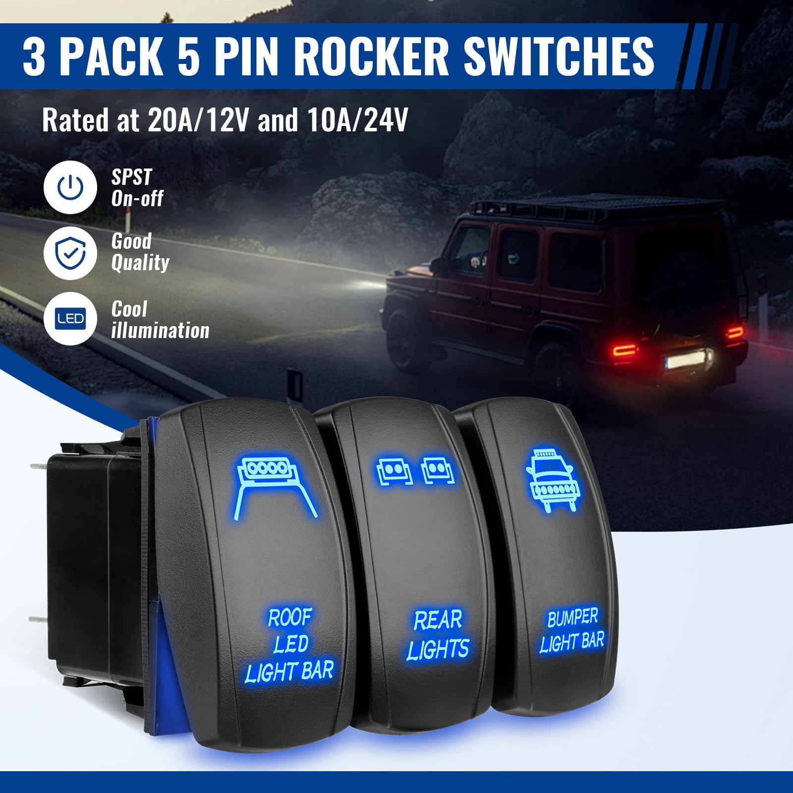 Snapklik.com : Anina 3 Pack 5 Pin Rocker Switch Rear & Bumper & Roof ...