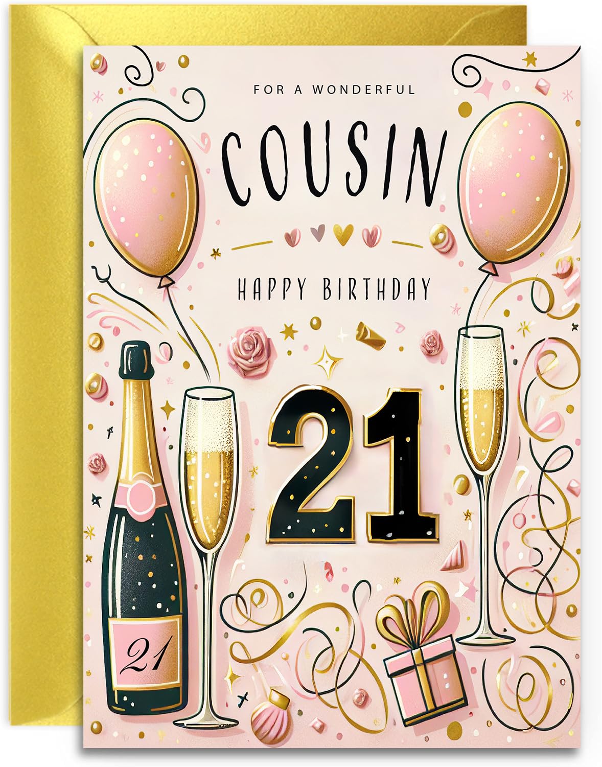 Cousin 21st Birthday Card - Champagne and Balloons design - Elegant ...