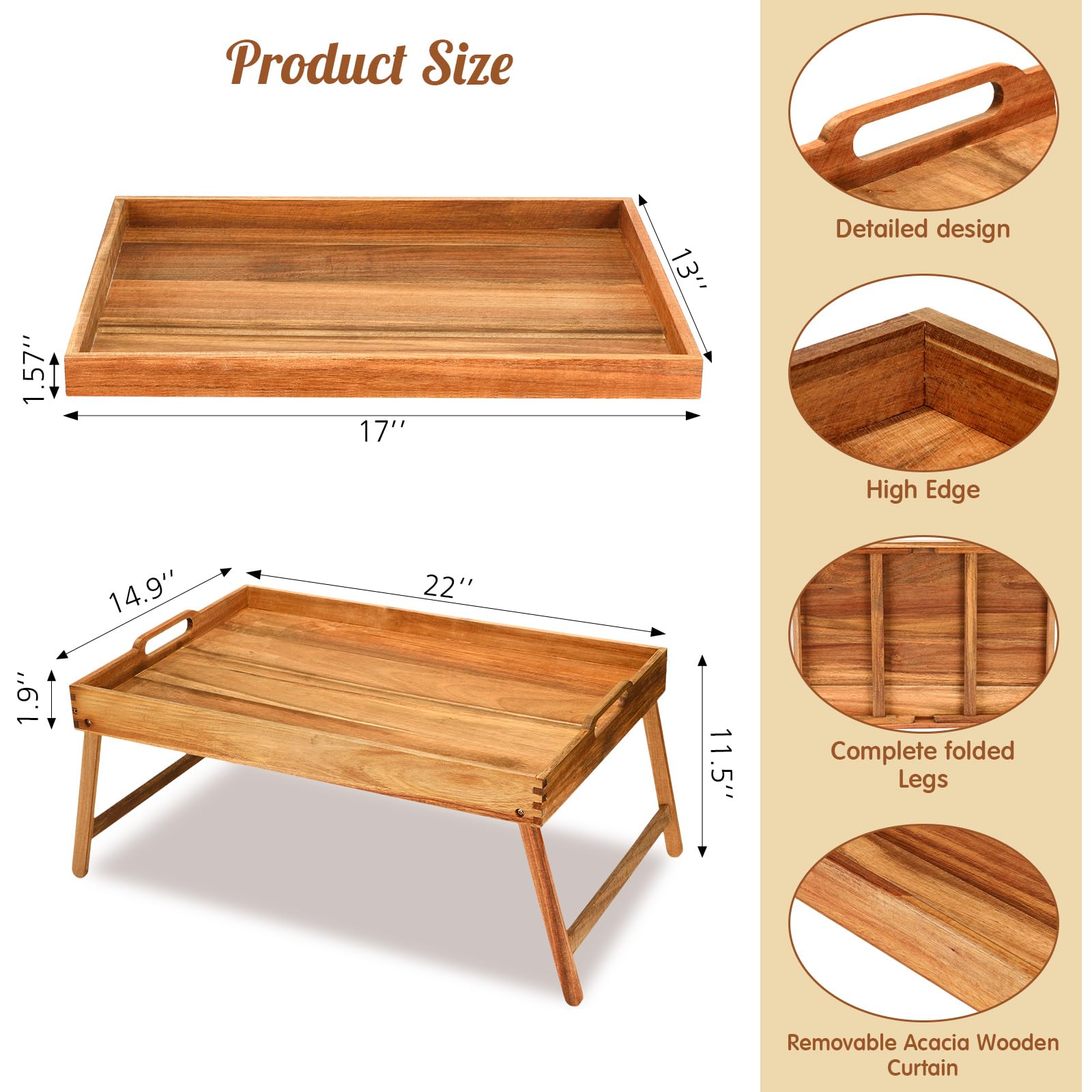 Tatuo 2 Pcs Acacia Bed Table Tray with Folding Legs and Handles Laptop ...