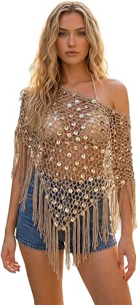 Felcia Damen-Ponchos mit Quasten, glitzernde Pailletten, lockere ...