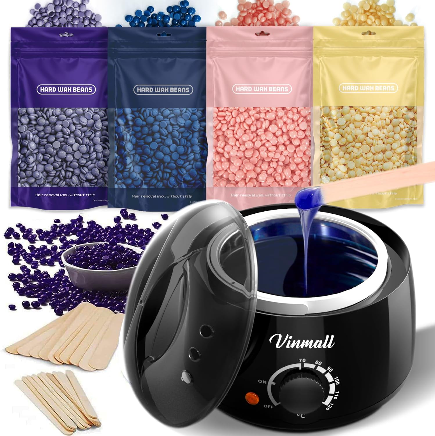 Waxing Kits Wax Heater for Hair Removal: 4 * 100g Hard Waxing Beads & 30 Waxing Sticks Waxing ...