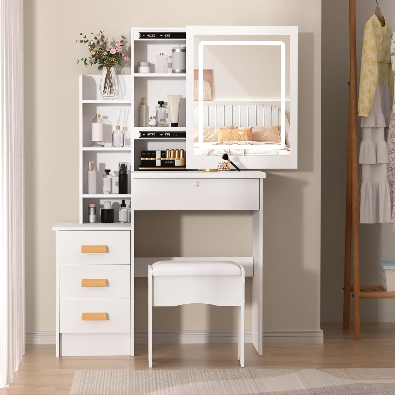 tinysiry Makeup Vanity Desk,Dressing Table with Sliding Mirror & 3 ...