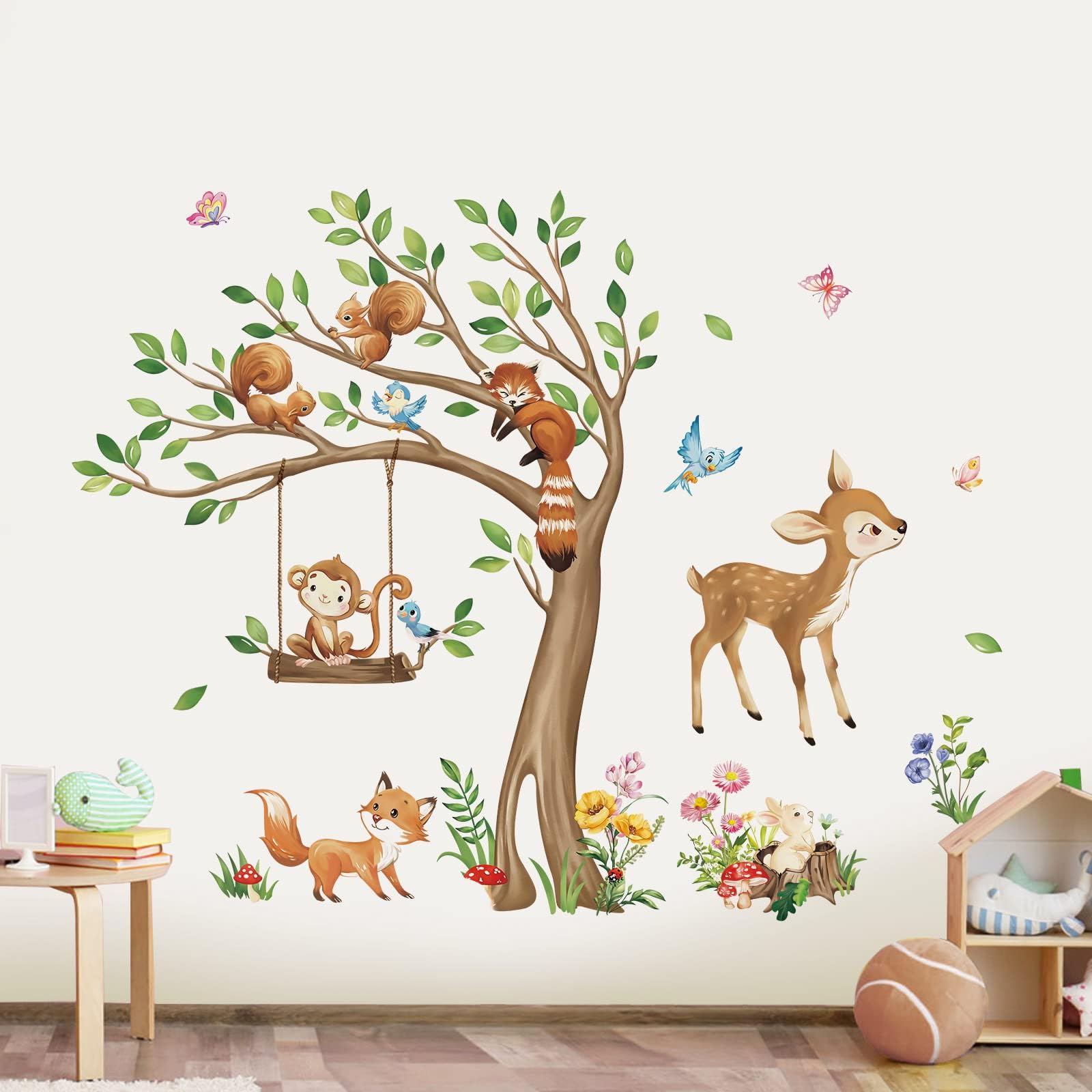 Amazon.com: Yovkky Woodland Animals Friends Pine Tree Wall Decals ...