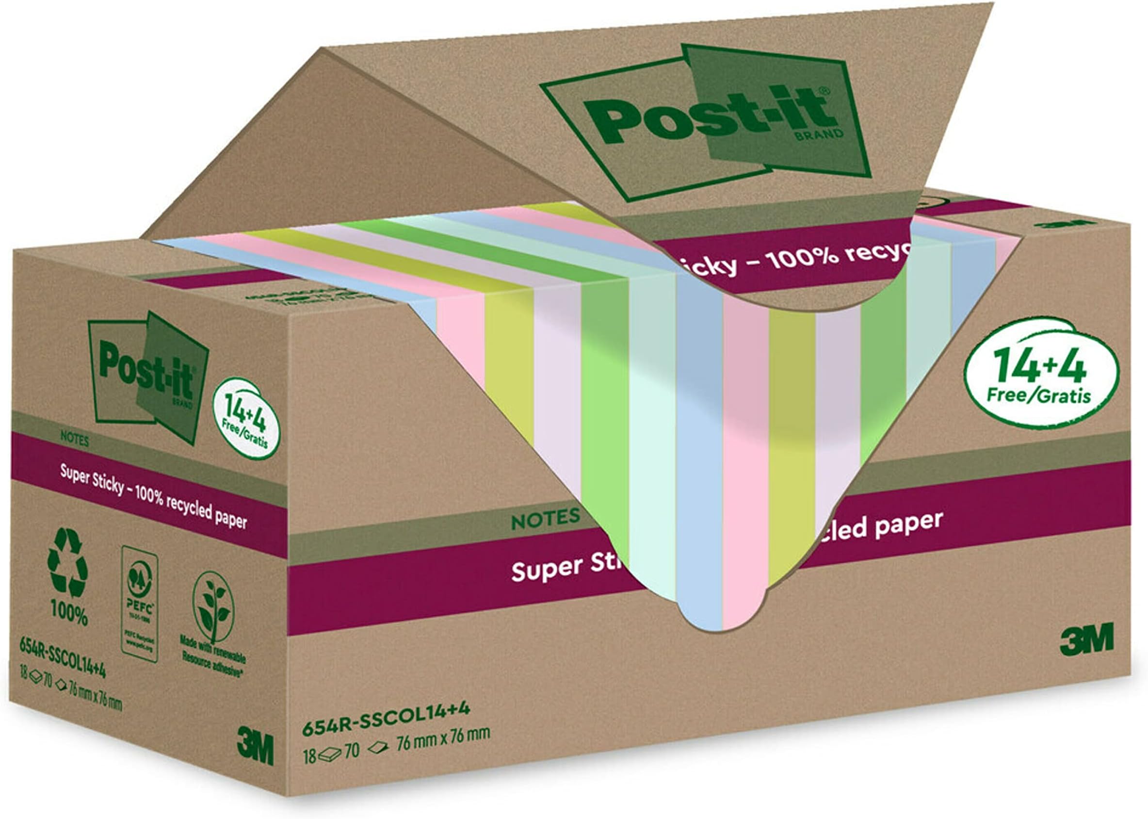 Post-it Super Sticky 100% Recycled Notes, Pack of 14+4 Free Pads, 70 ...
