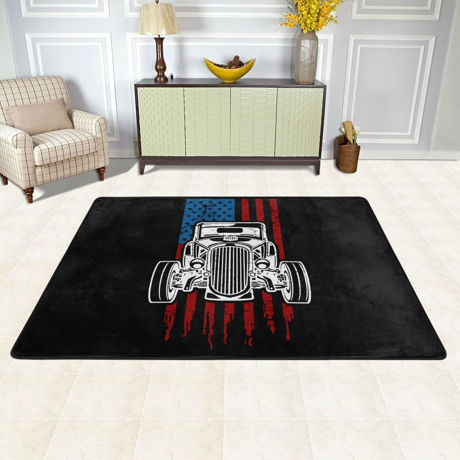 Amazon.com: Vintage Hot Rod American Flag Classic Car Area Rug Living ...