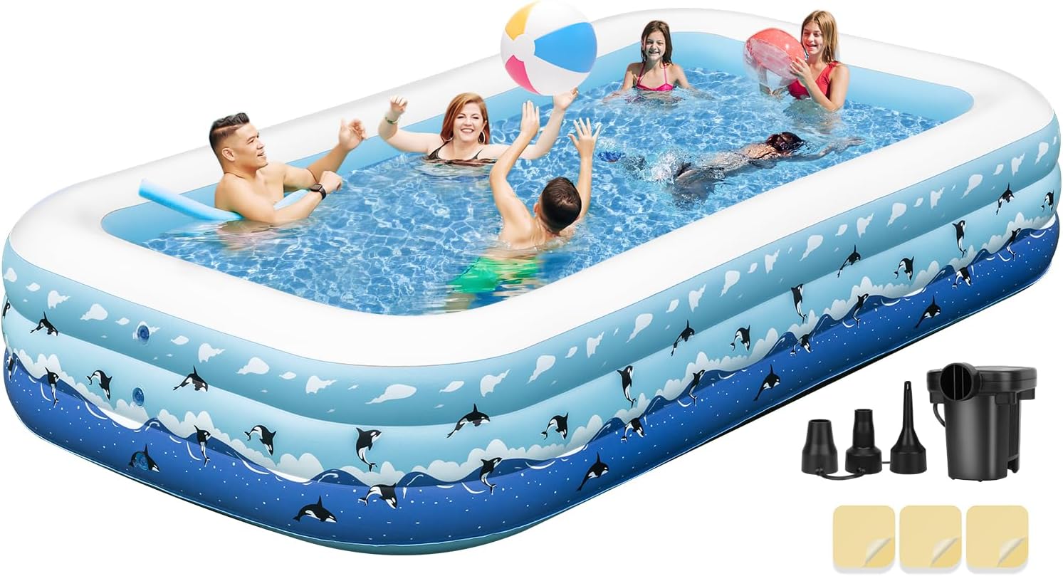 Amazon.com: Extra Large Inflatable Pool with Pump, Full-Sized Blow Up ...