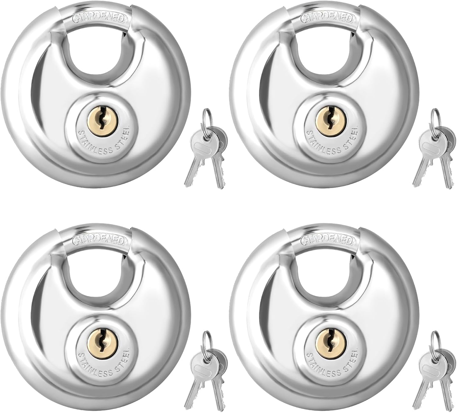 Keyed Padlocks, 4 Pack Stainless Steel Discus Lock with 8 Keys for ...