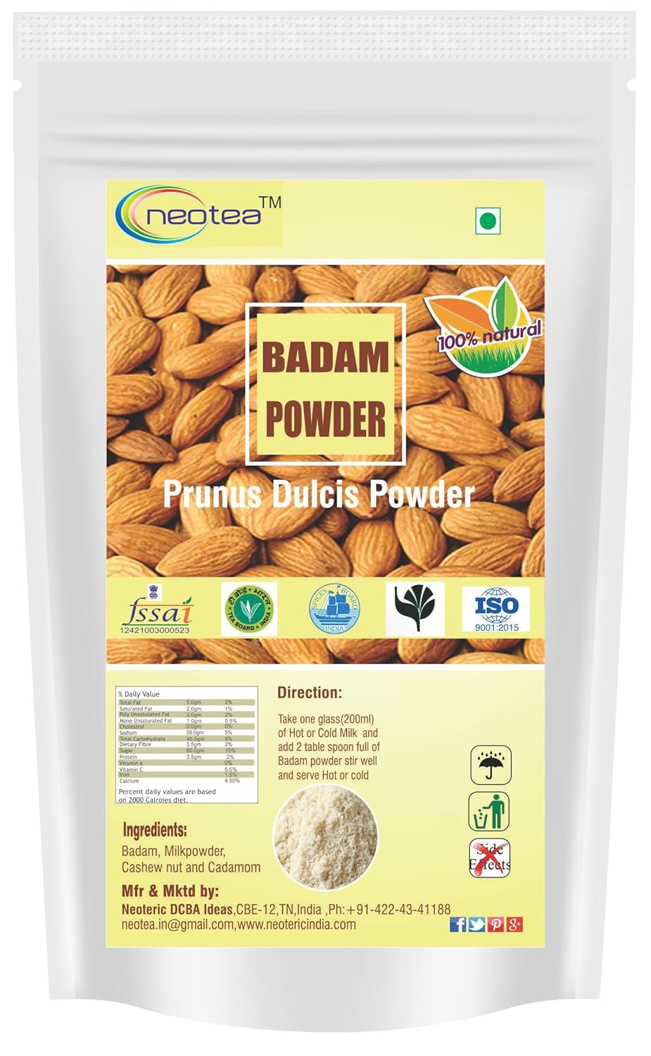 Neotea Pure Badam Powder Prunus Dulcis 500 G : Amazon.in: Grocery ...