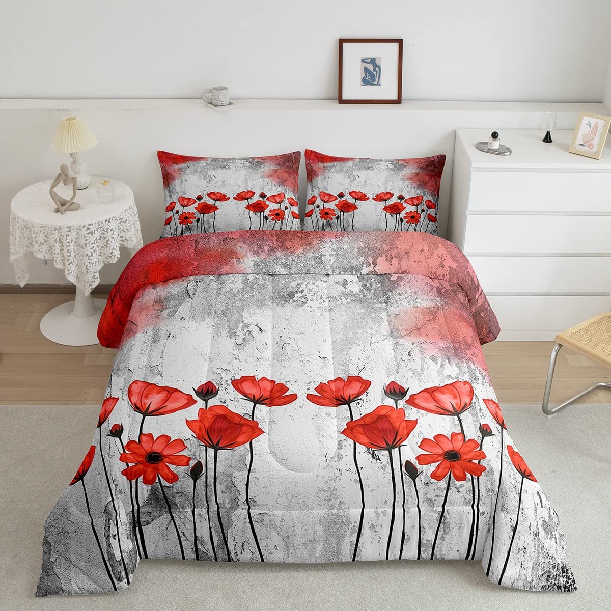 Amazon.com: Manfei Poppy Kids Comforter Set Queen Size,Red Flowers ...