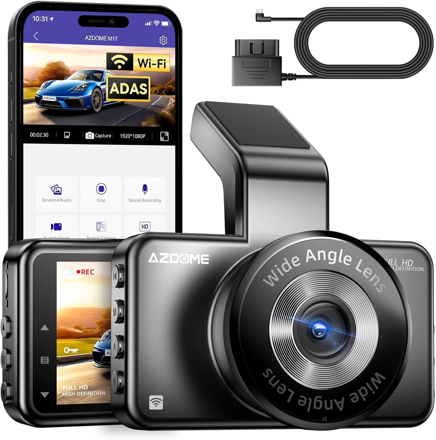 Amazon.com: AZDOME M17 Dash Cam with Mini USB OBD Hardwire Kit (OBD02 ...