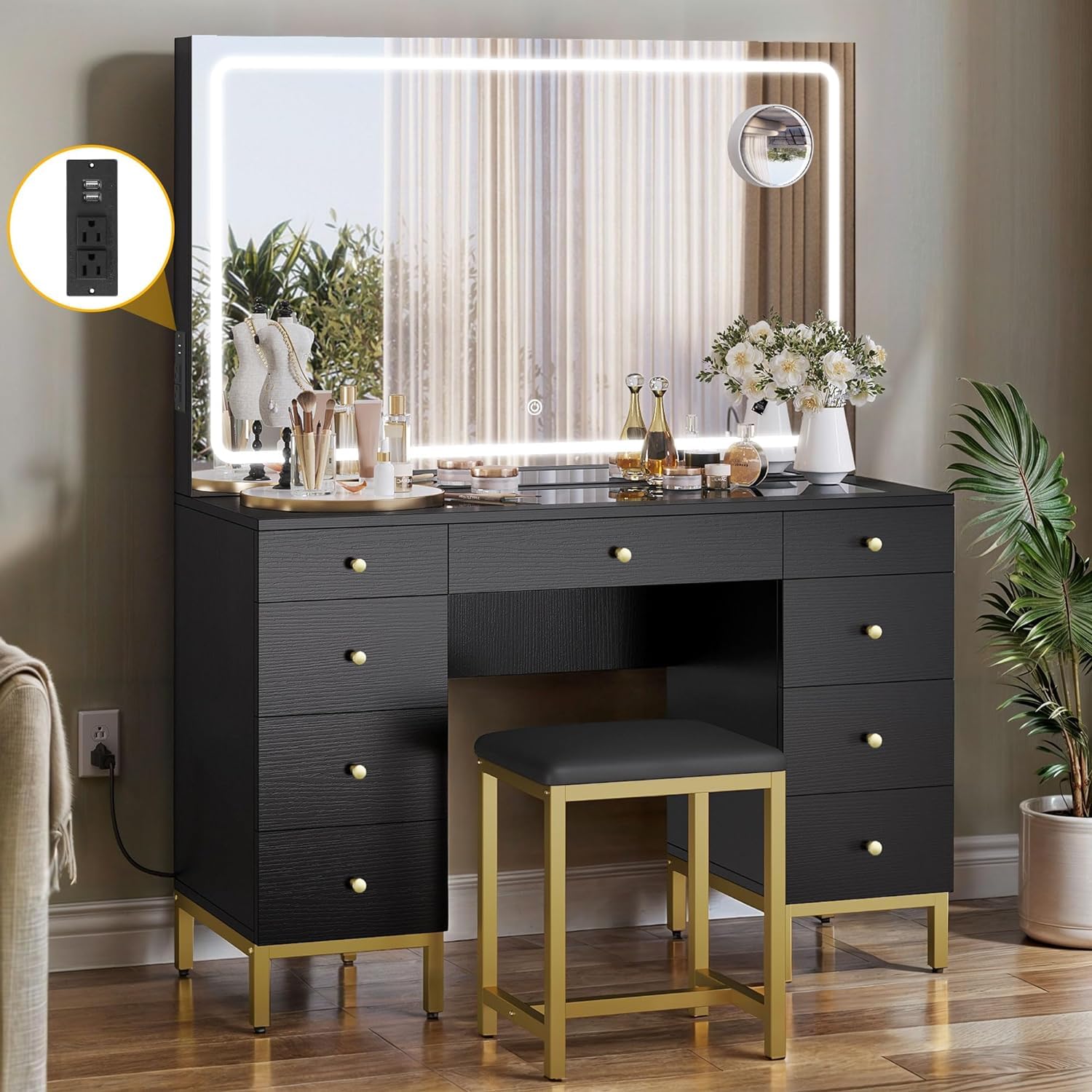 Amazon.com: DWVO Large Black Makeup Vanity Desk Set with LED Mirror ...