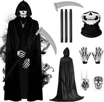 Gatwrmth 6-Piece Grim Reaper Costume Halloween Fancy Dress – Hooded ...