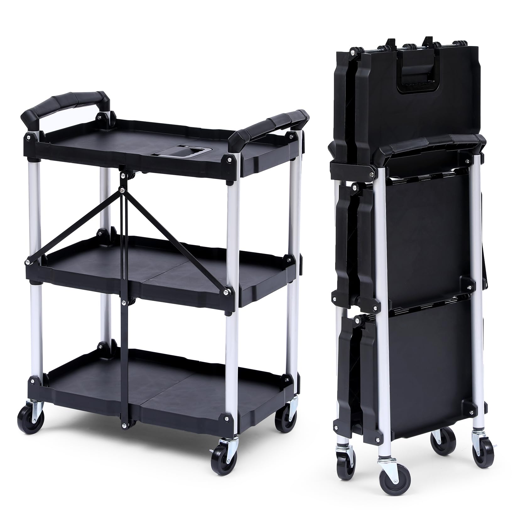 GAOMON Folding Utility Cart on Wheels - Foldable 3 Tier Rolling Cart ...