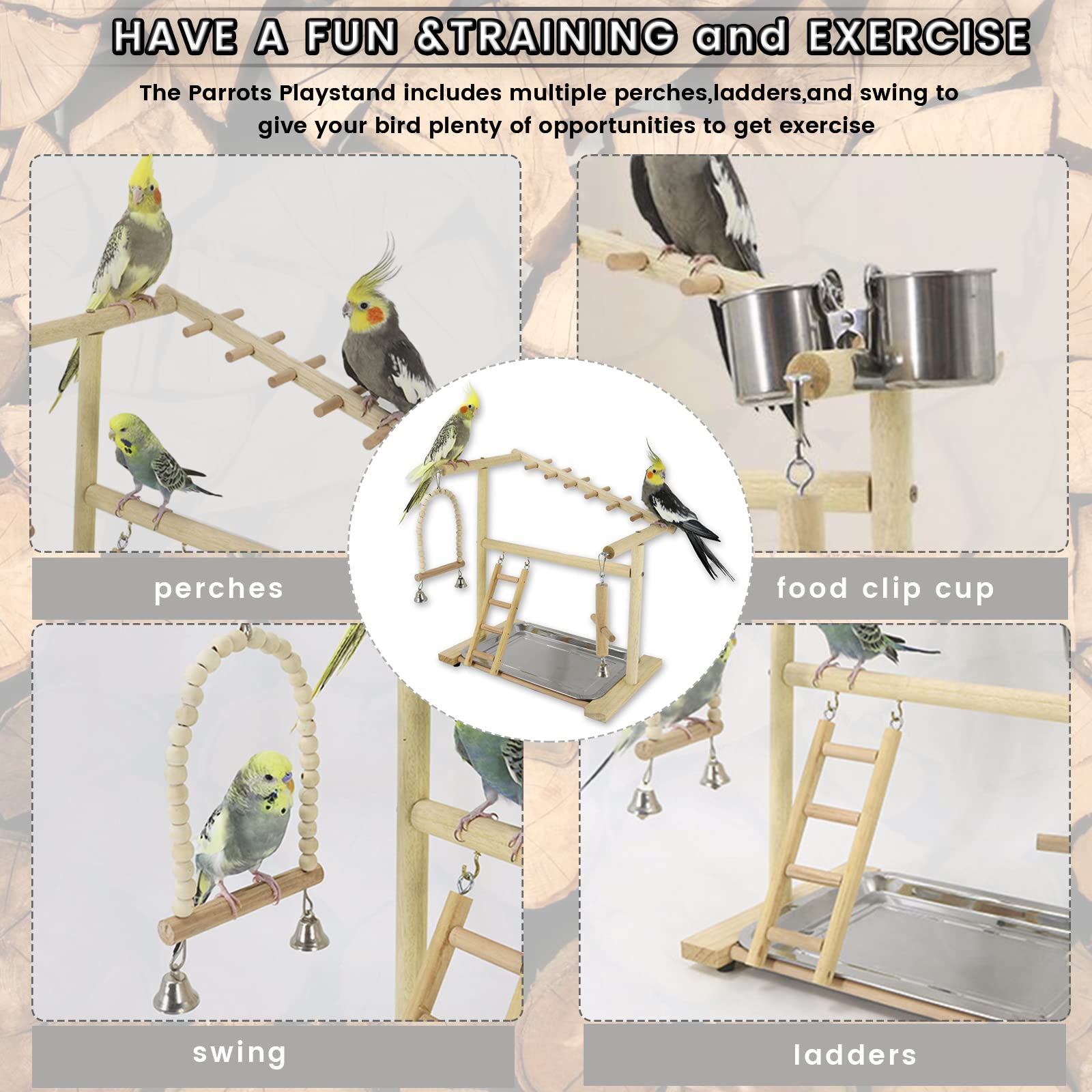 WishesMar Bird Playground Parrot Play Stand with Feeder Cup Swing Climb ...