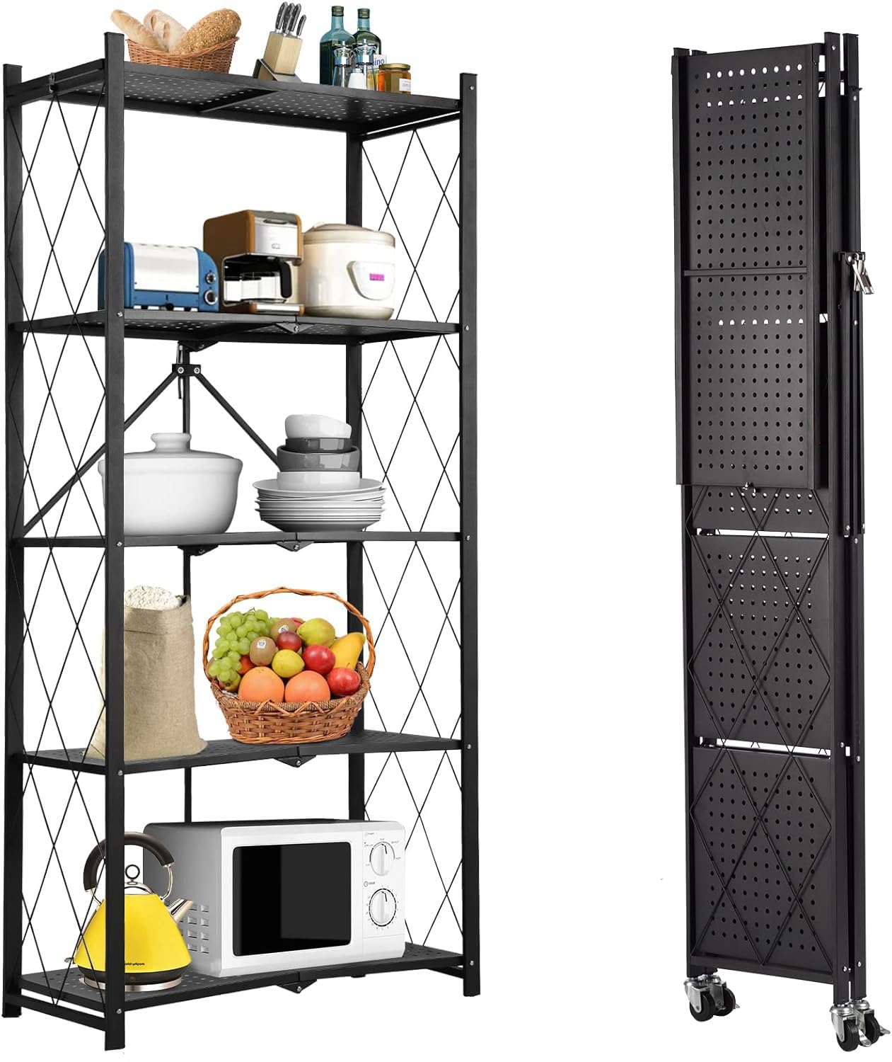 Bentifar 5 Tier Thickened Foldable Storage Rack with Wheels,No Assembly ...