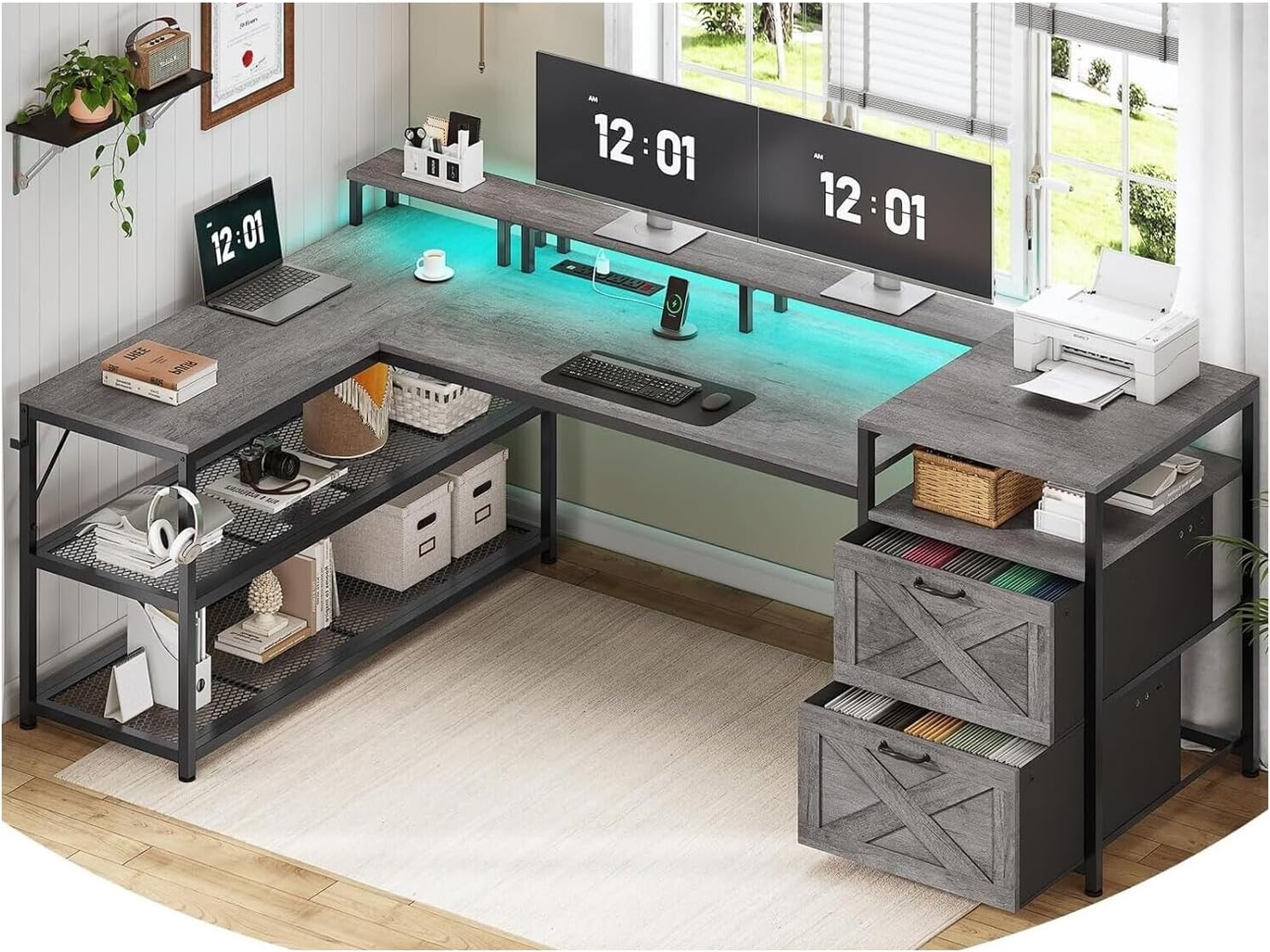 Amazon.com: New Rustic Grey 67 Inches L Shaped Computer Desk Storage ...