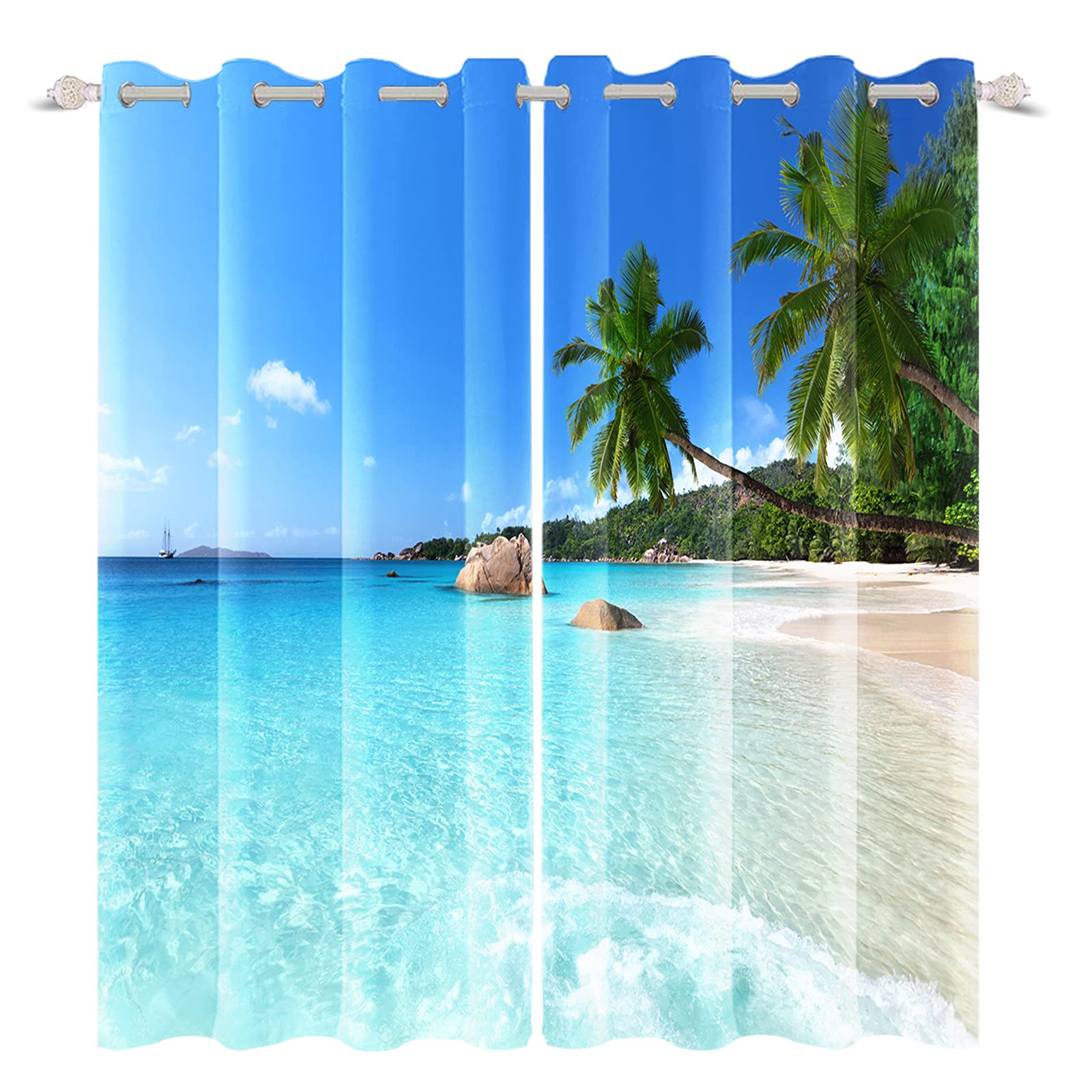 Amazon.com: Renaiss Seaside Window Curtains Sunny Beach Ocean Waves ...
