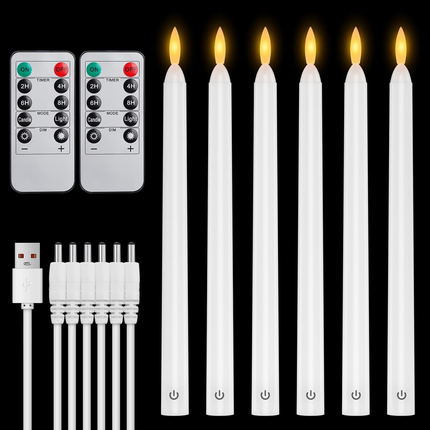 6 pcs Rechargeable LED Taper Dinner Candles with 2 Remote Controls ...