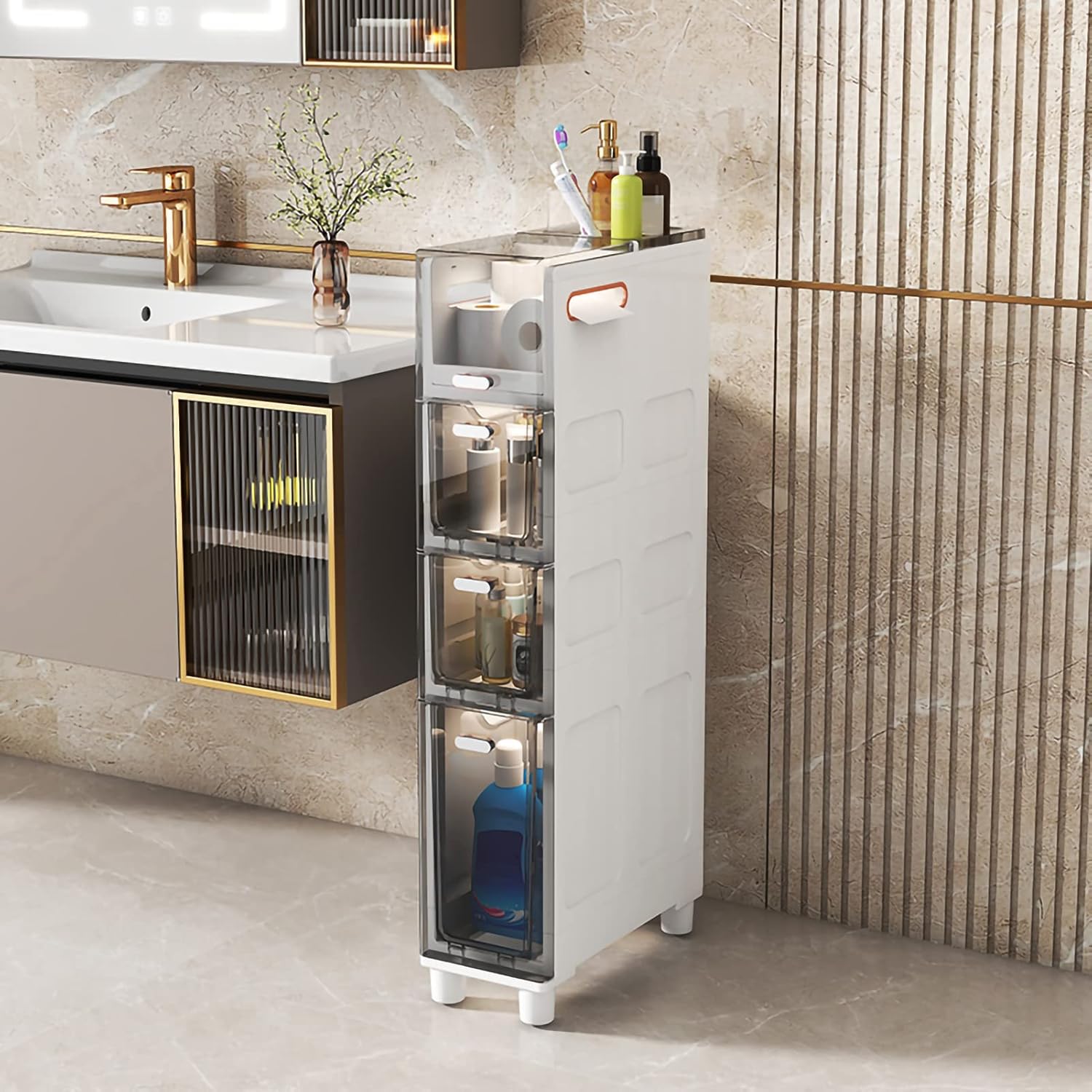 Bathroom Floor Cabinet Narrow Tall Slim 5 Drawer Storage Tower, Sturdy ...