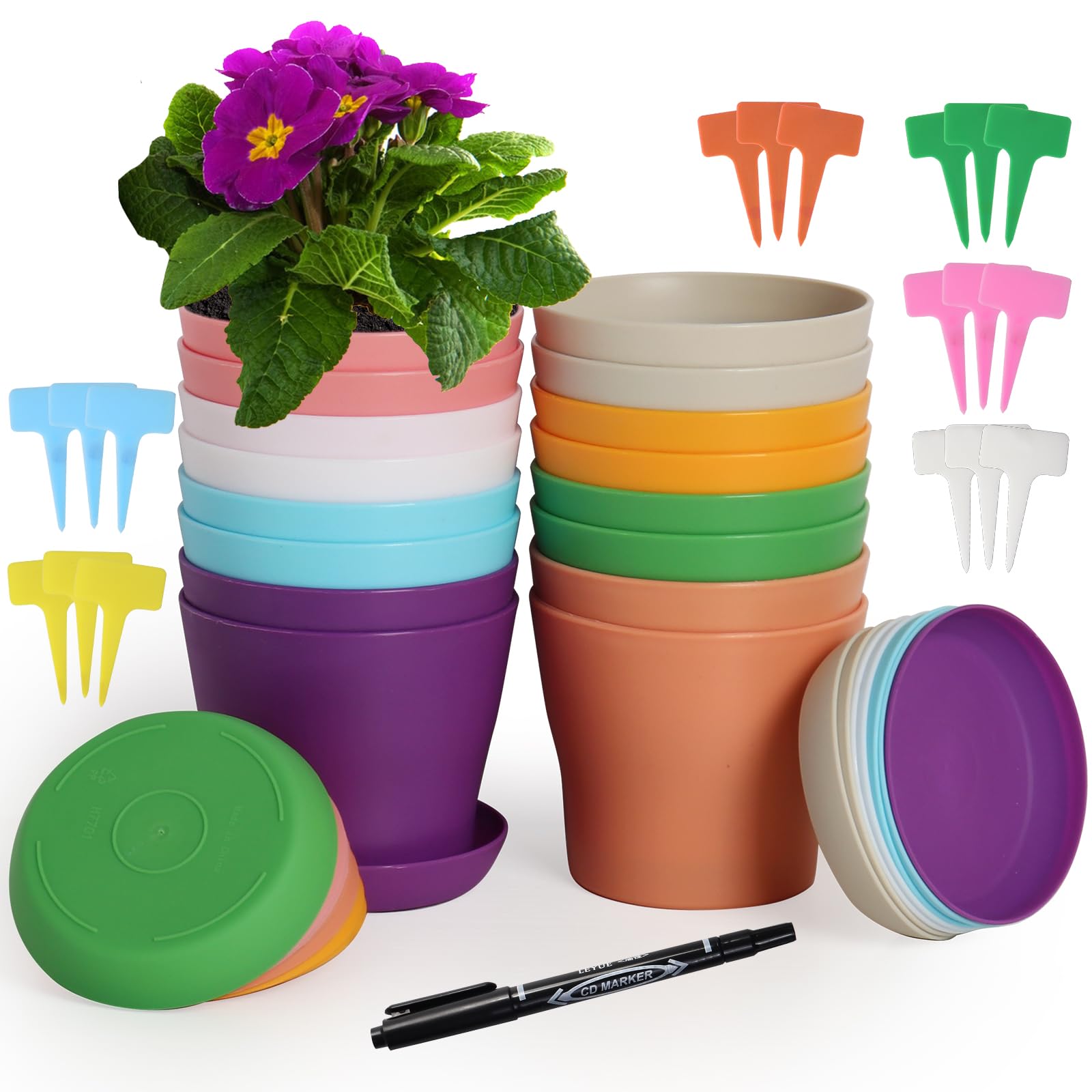Happybase 5.5 inch Flower Pots, 16 Pack Small Plastic Planter with ...