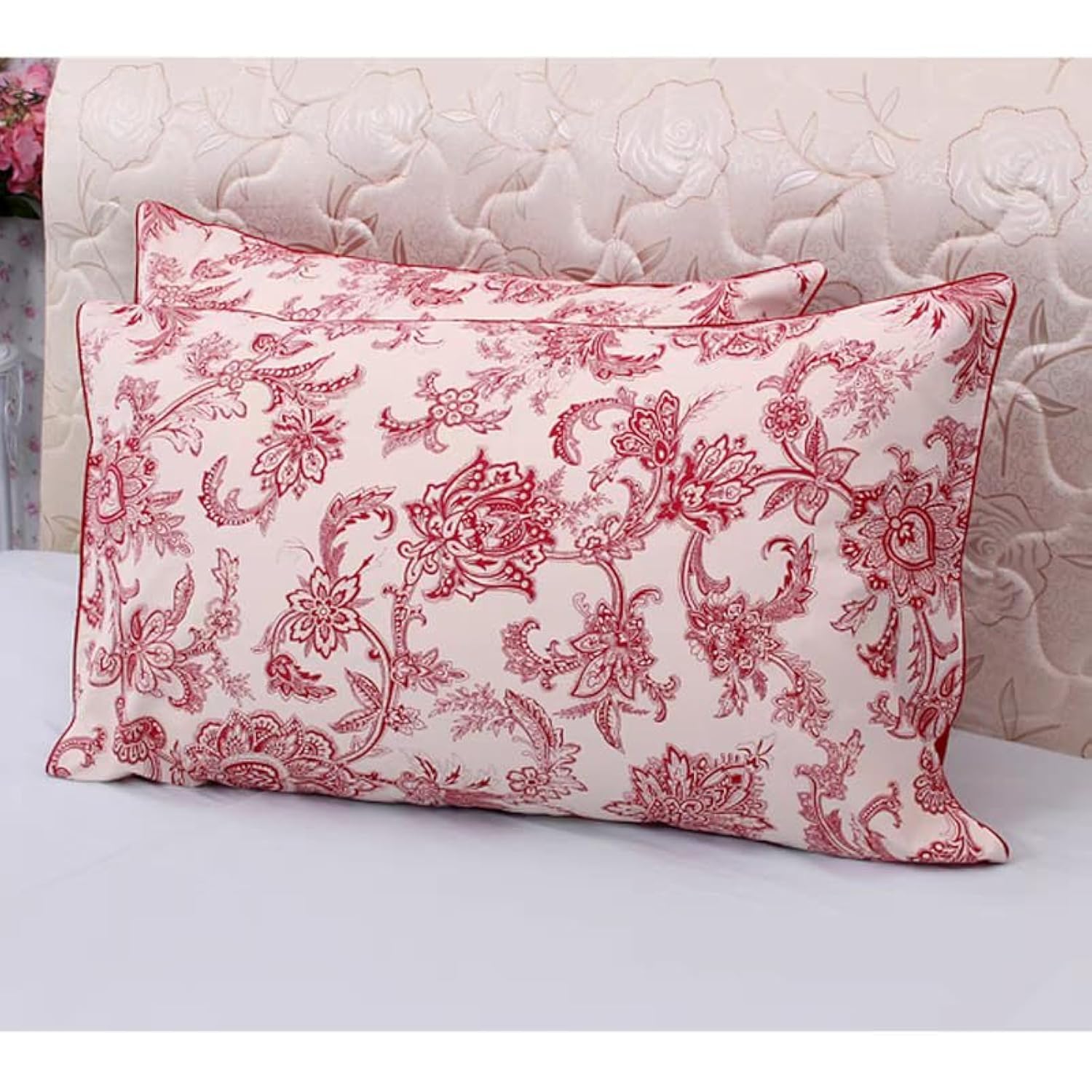 Amazon.com: Cotton Pillowcase for Hair and Skin Queen Size, Red Floral ...