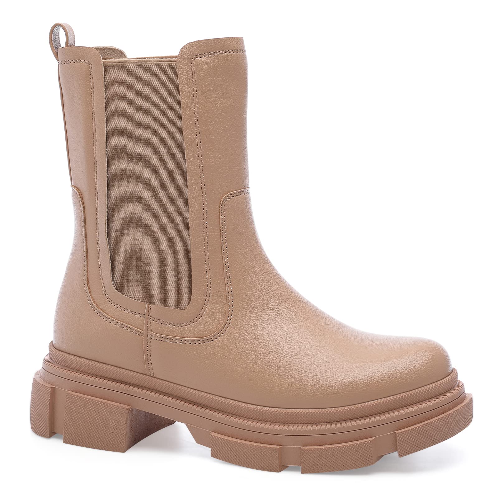 YETIER Women Mid Calf Platform Chelsea Boots Lug Sole Elastic Leather ...