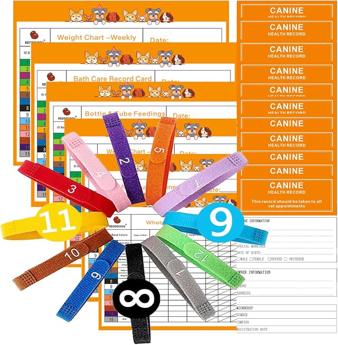 12 Pack Soft Nylon Puppy ID Collars with Record Keeping Charts and 12 ...