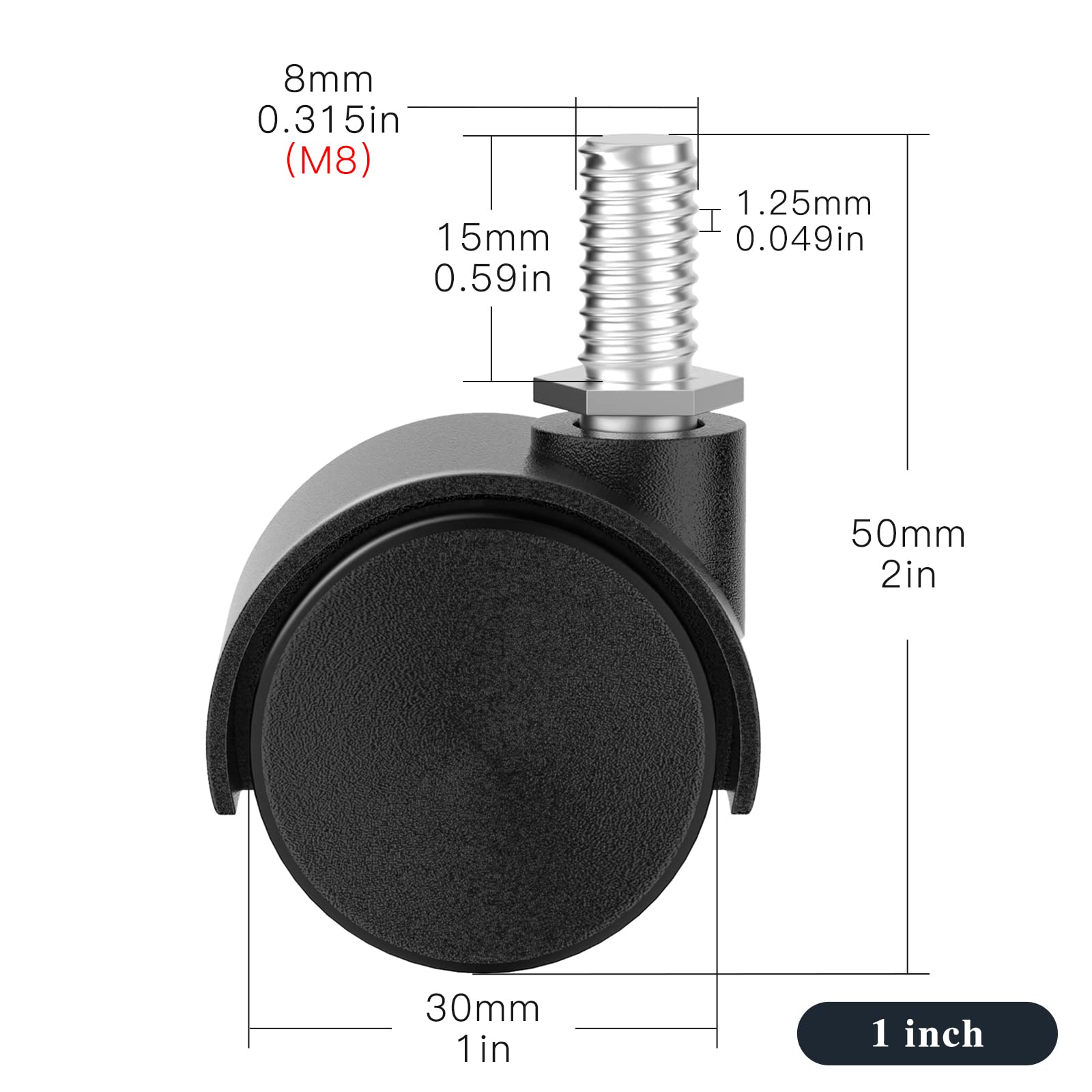 Snapklik.com : 1 Inch Plastic Casters Set Of 4, M8 Stem Nylon Furniture ...