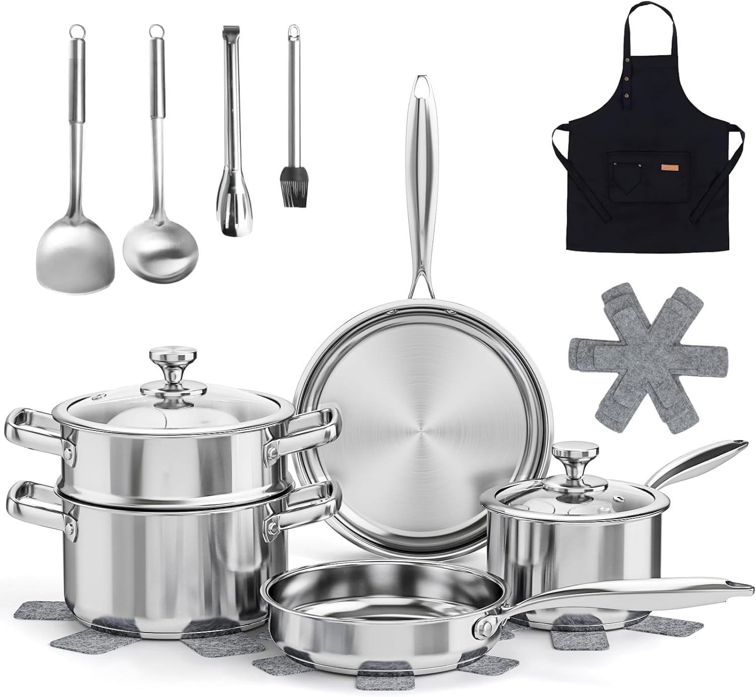 Wodillo Pots and Pans Sets, 16Pcs Stainless Steel Cookware Set ...