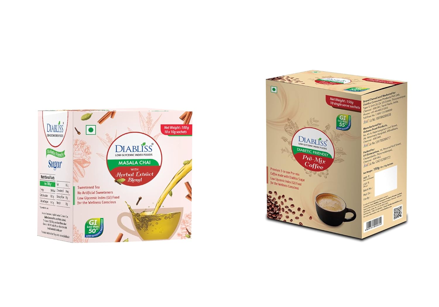 Diabliss Diabetic Friendly Masala Tea 100g Sachets Box and 3-in-one ...