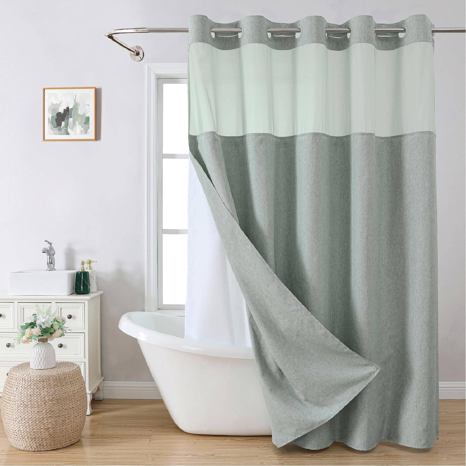 Amazon.com: eachope No Hooks Needed Linen Textured Shower Curtain with ...