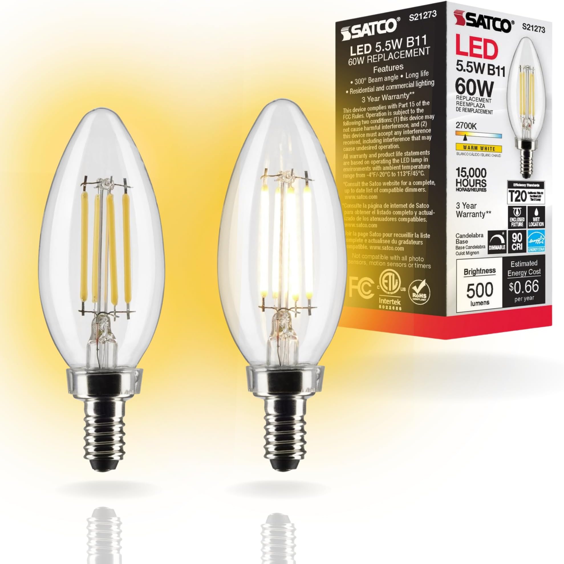 Satco S21273 5.5 Watt B11 LED Light Bulb - 2700K (2 LED Bulbs) - Amazon.com