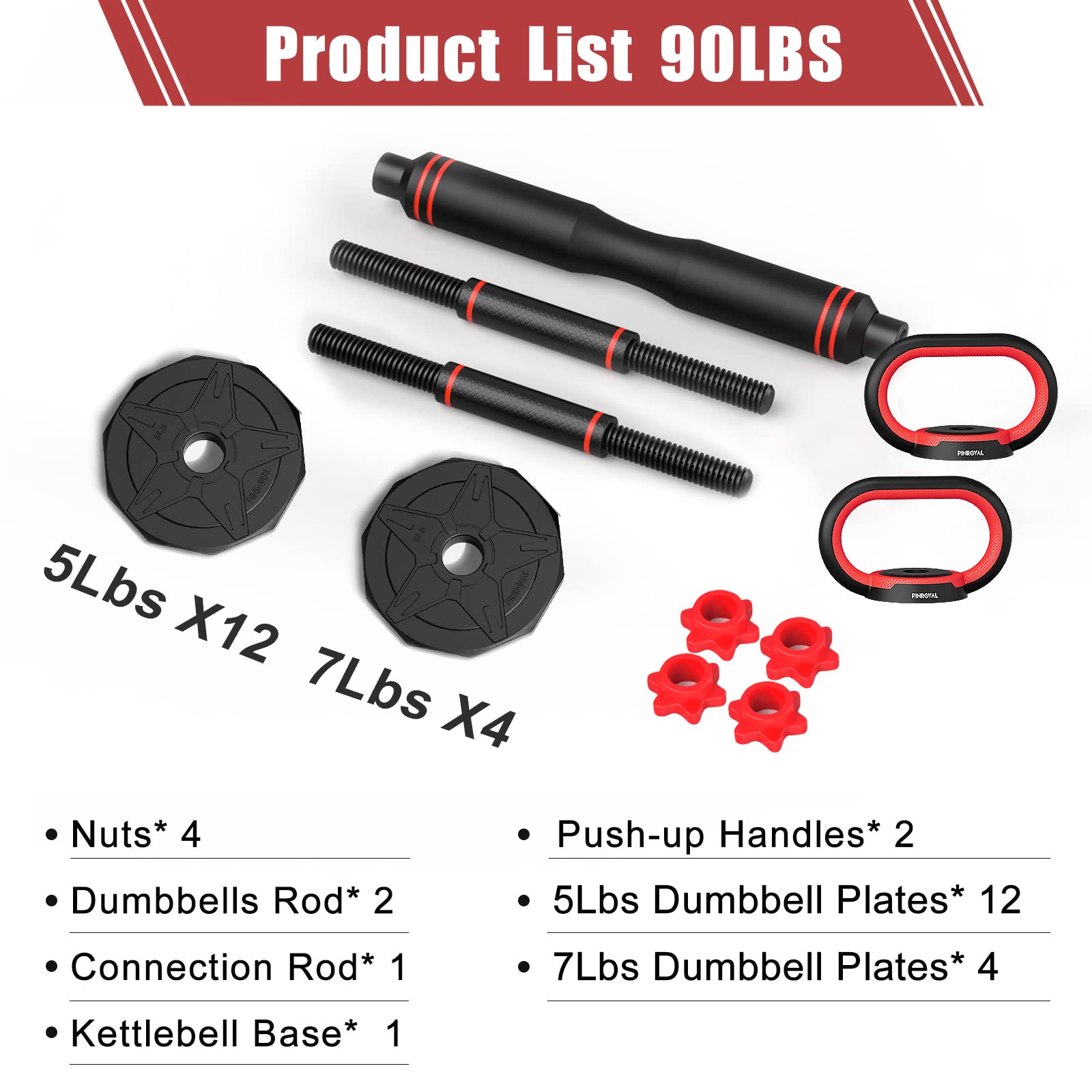 PINROYAL 4 in 1 Adjustable Dumbbell Set, 50LB/70LB/90LB Free Weights ...