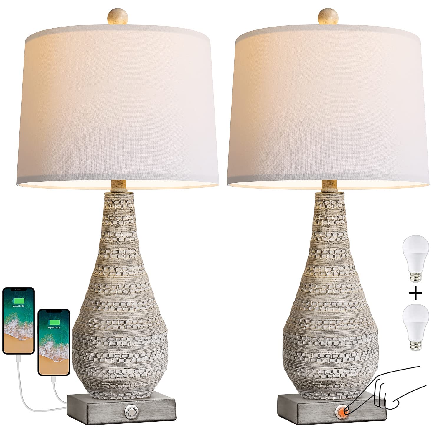 BOBOMOMO 3-Way 24.5’’ Dimmable Touch Control Table Lamp Set of 2 with ...