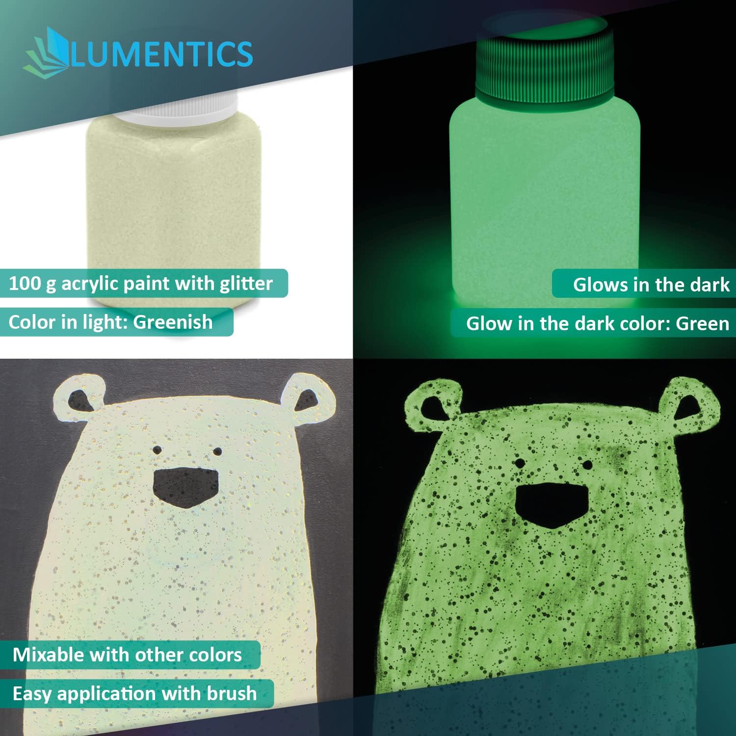 lumentics Glitter Glow Colour Green Yellow 100 ml – Glow in the Dark ...