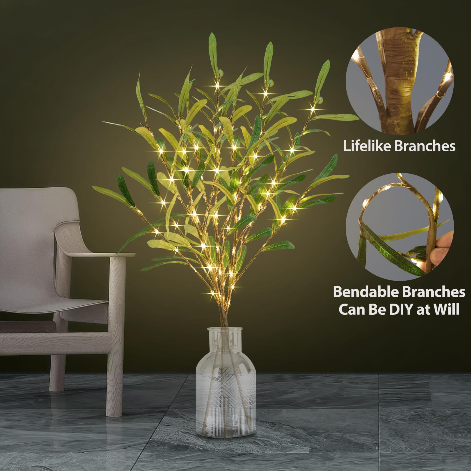 CAMANTU Artificial Olive Branch Lights with Timer, Olive Tree with Led ...
