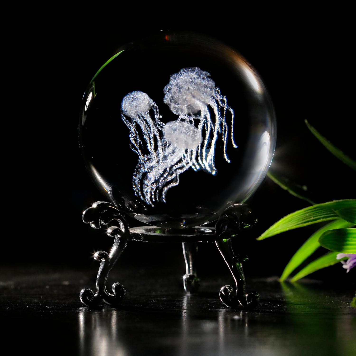 vskikris Jellyfish 3D Laser Crystal Paperweight Ball Sphere with Silver ...