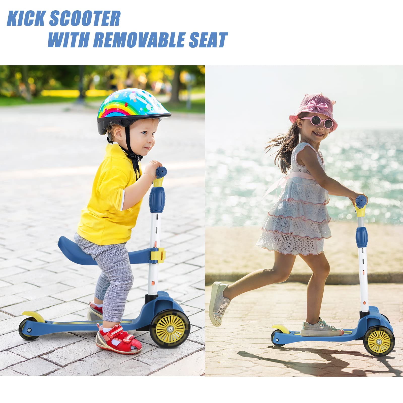 Wheelive 2 in 1 Kick Scooter with Removable Seat, 3 LED Wheels Kick ...
