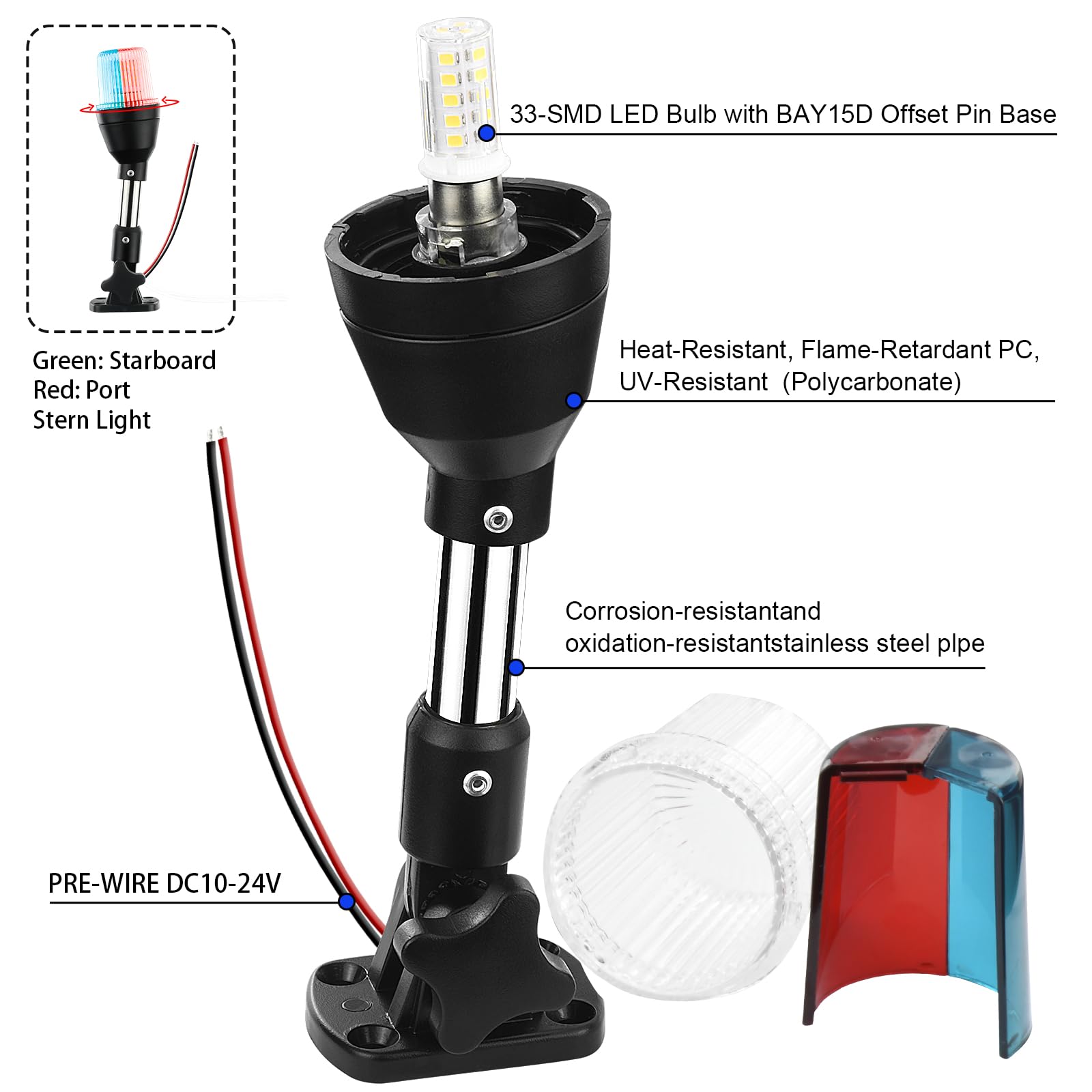 Snapklik.com : LED Tri-Color Navigation Light,Bimini Top Red-Green ...