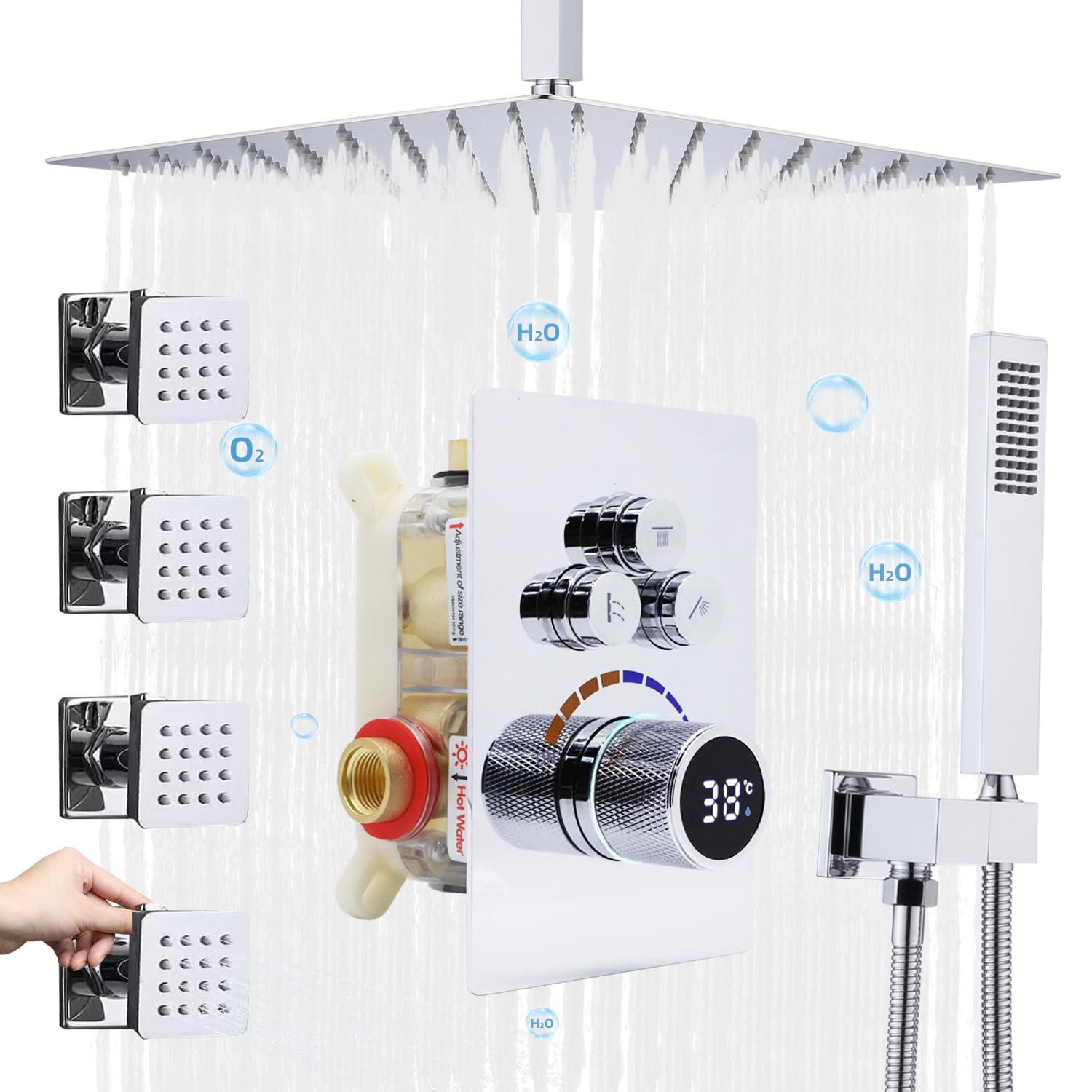 Delnet Shower System with Body Jets, 12 Inch Ceiling Mounted Rain ...