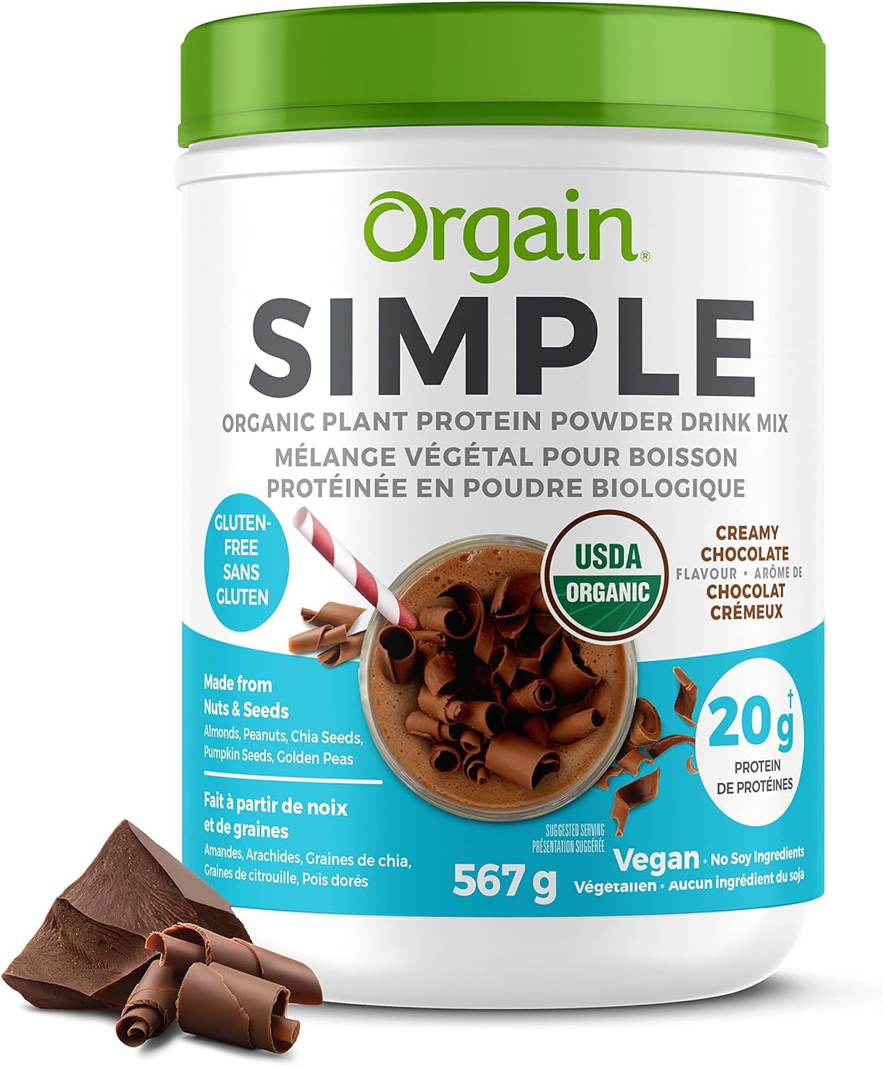 Orgain Simple Organic Plant Protein Powder, Chocolate, Vegan, Made with ...