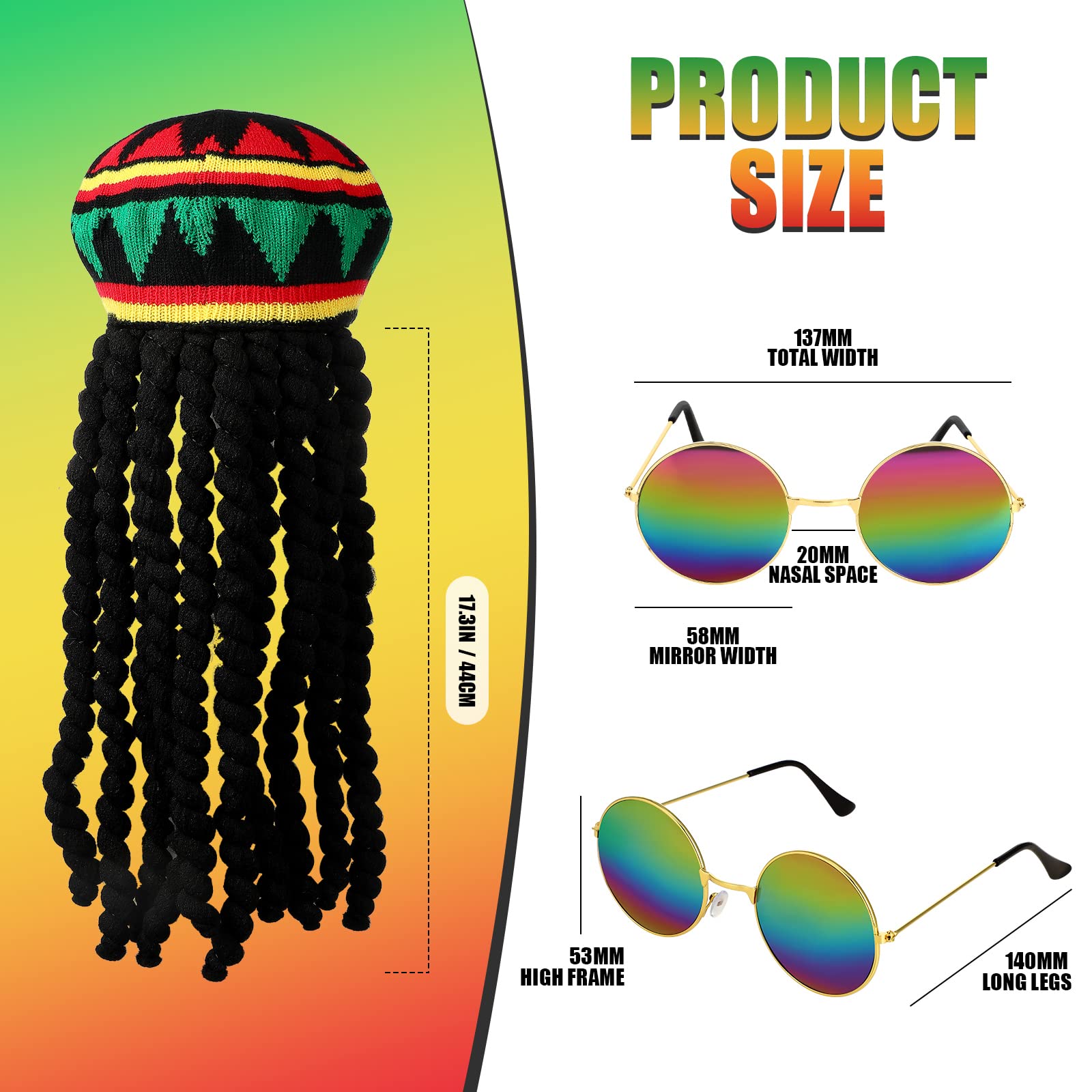 Boyiee Rasta Music Costumes Kit, 3 Pcs, Reggae Hat with Black ...