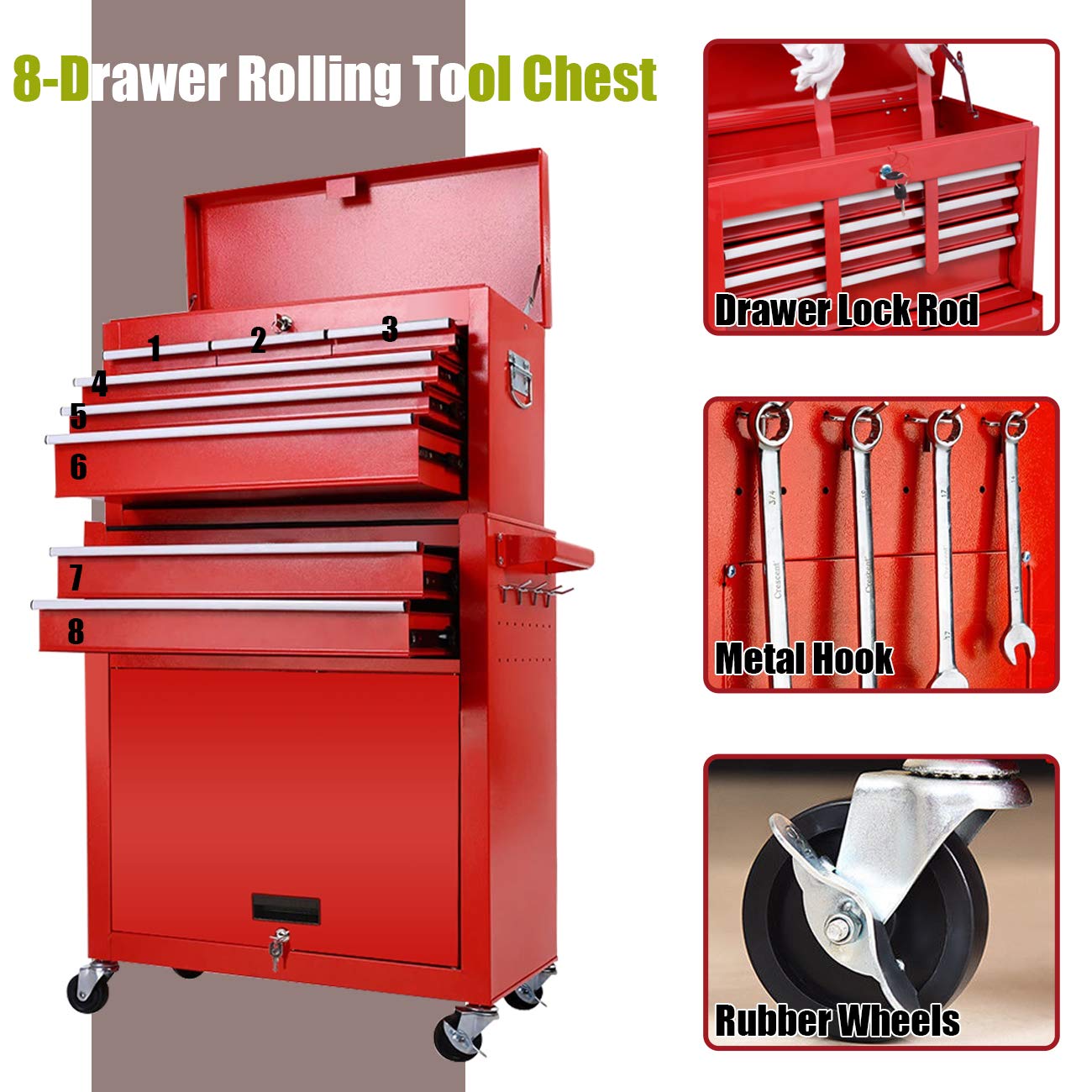 8 Drawers Tool Chest, Rolling Tool box with Lock, High Capacity Tool ...