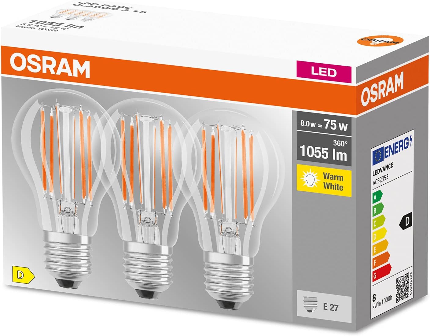 Osram LED Base Classic A Lampe, Sockel: E27, Warm White, 2700 K, 7 W ...