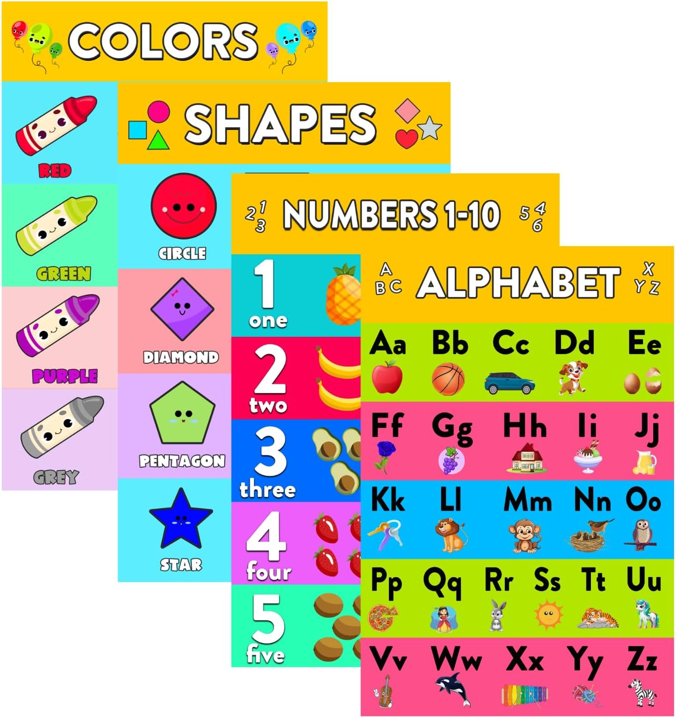 Amazon.com: 4 Pack - Numbers, Colors, Shapes, Alphabet ABC Chart for ...