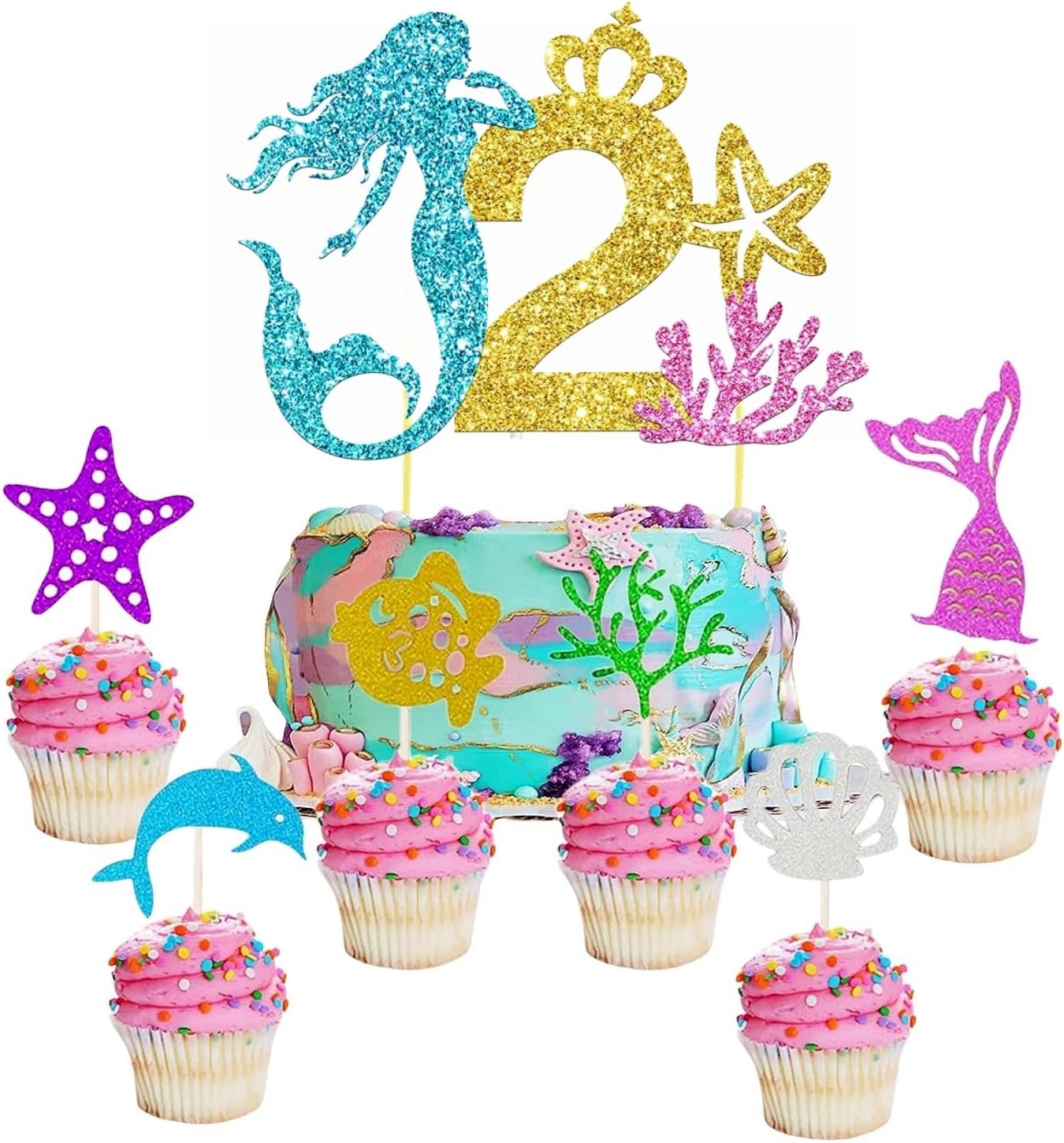 Amazon.com: iNINGER Mermaid 2nd Birthday Cake Topper,Number 2 Happy ...